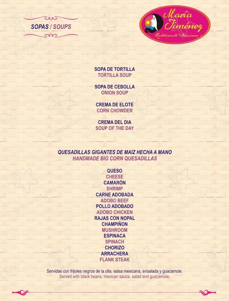 Menu at Maria Jimenez Restaurante Mexicano, Cabo San Lucas