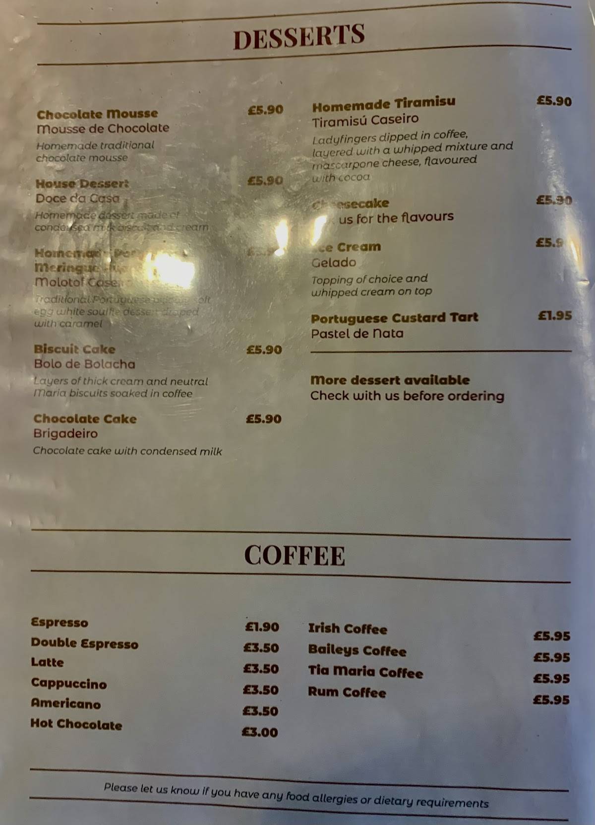 Menu at Maria's Kitchen restaurant, Daventry, The Romer Arms