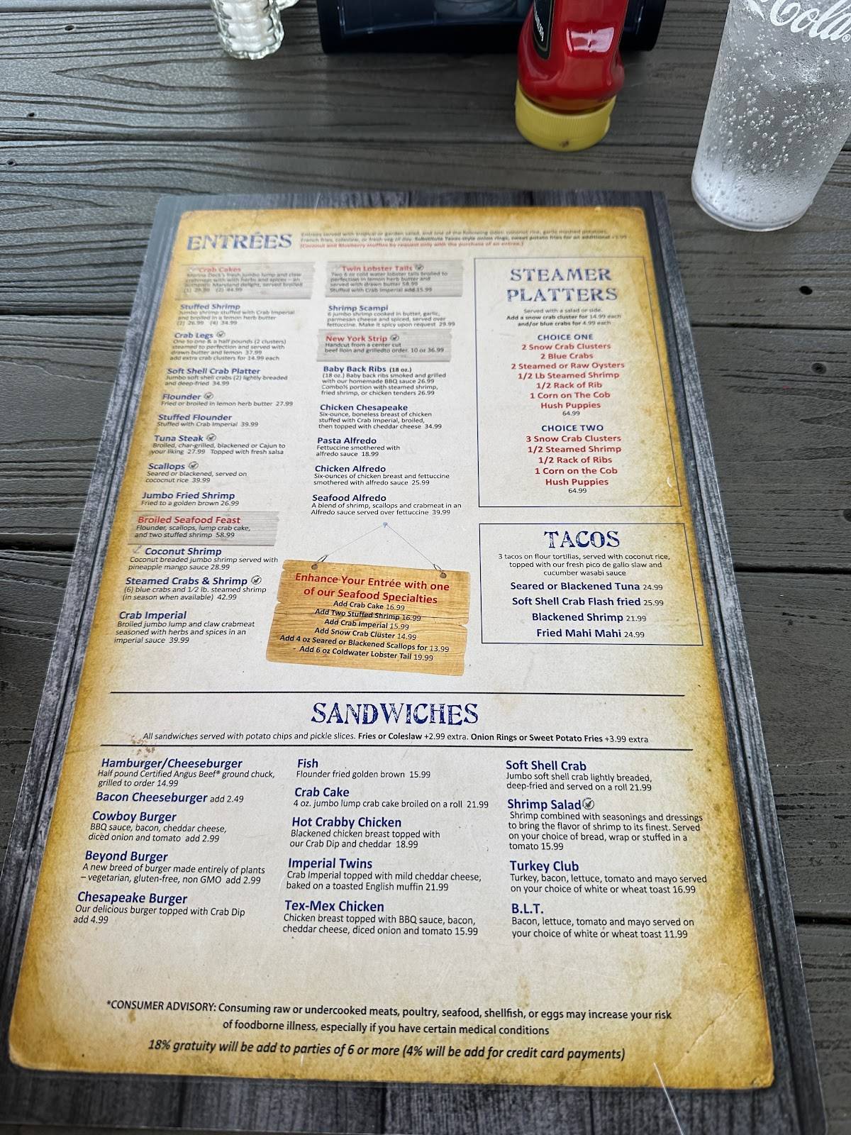 Menu at Marina Deck Restaurant, Ocean City