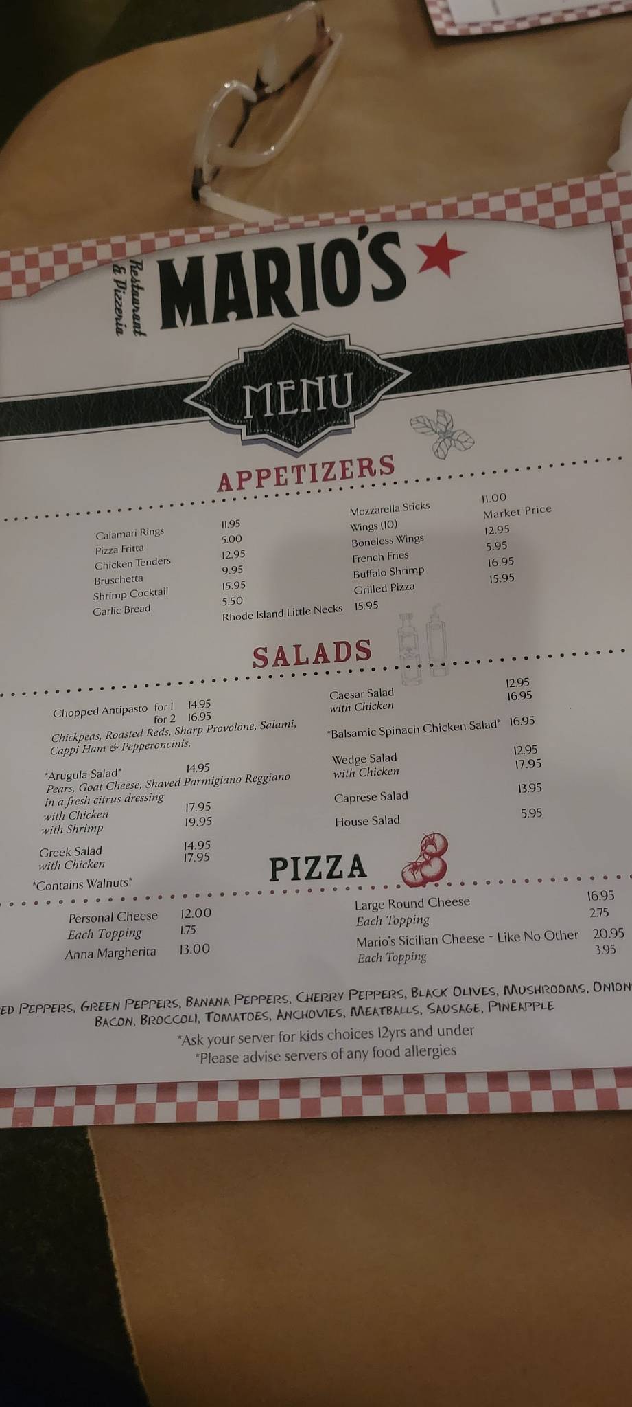 Menu at Mario's Restaurant and Pizzeria, Schenectady