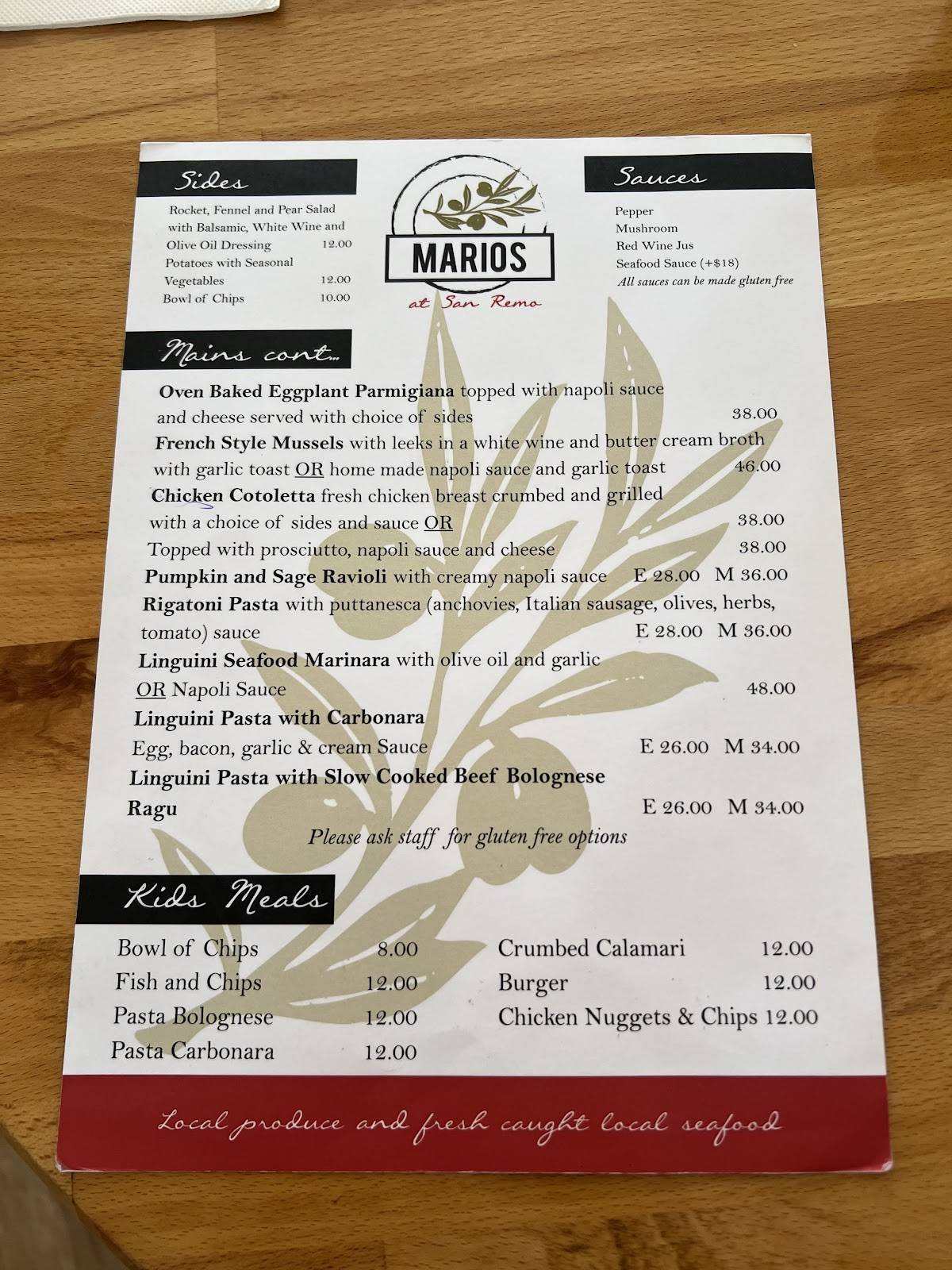 Menu at Mario's at San Remo restaurant, San Remo