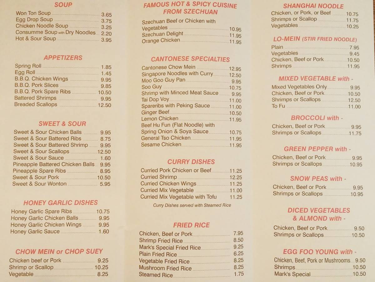 Menu at Mark's Restaurant, Minden