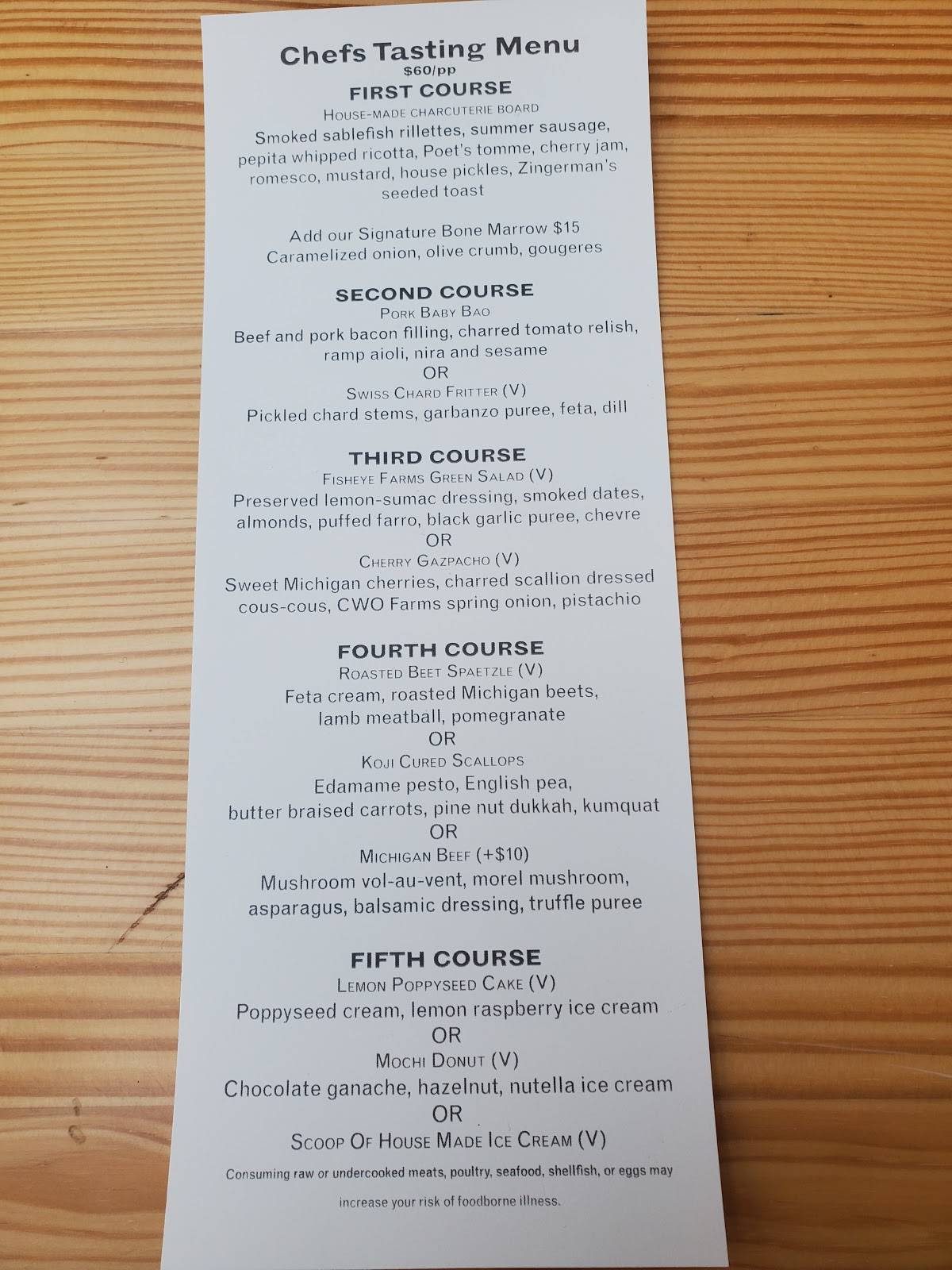 Menu at Marrow restaurant, Detroit