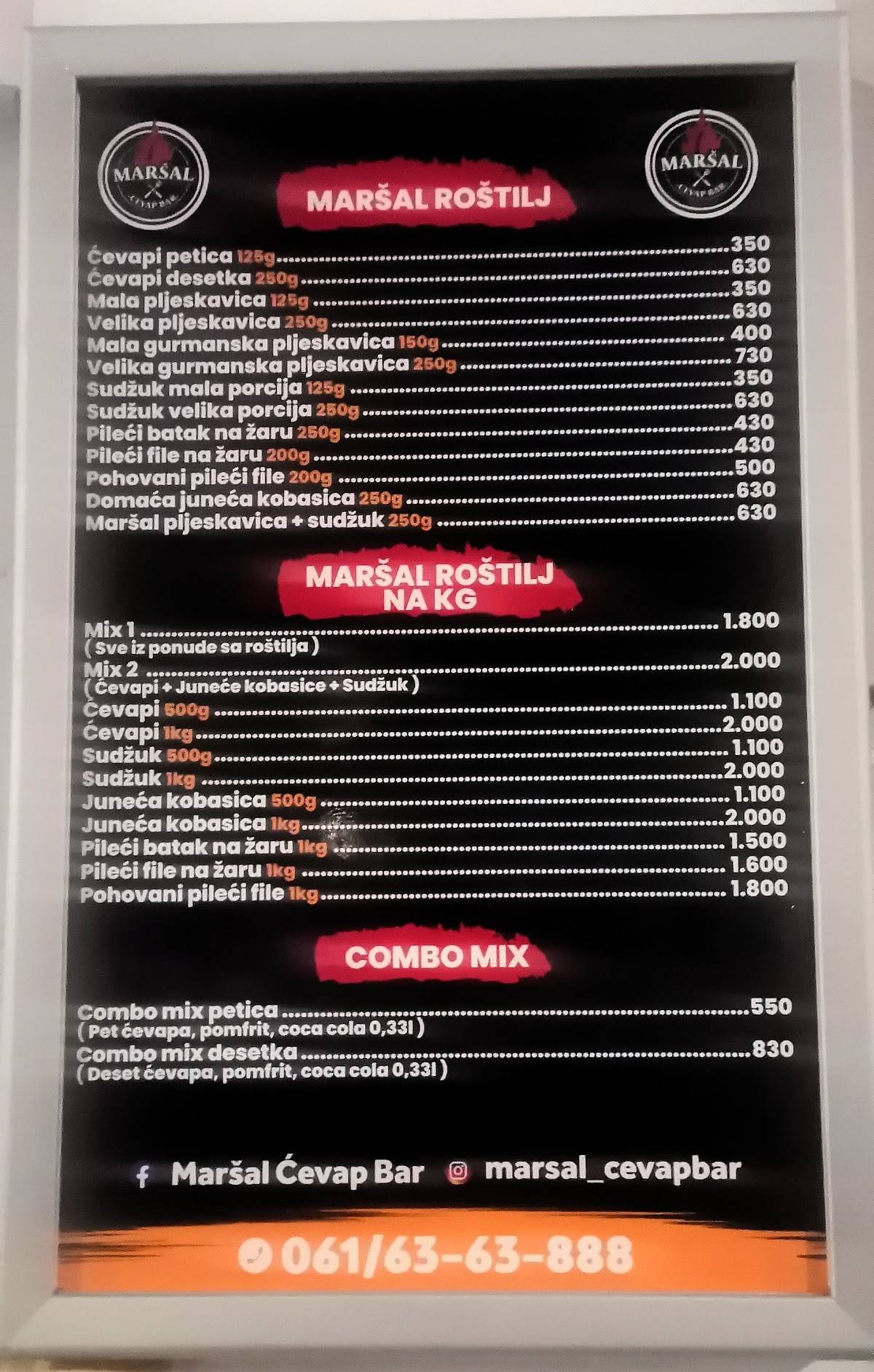 Menu at Maršal Ćevap Bar, Pancevo