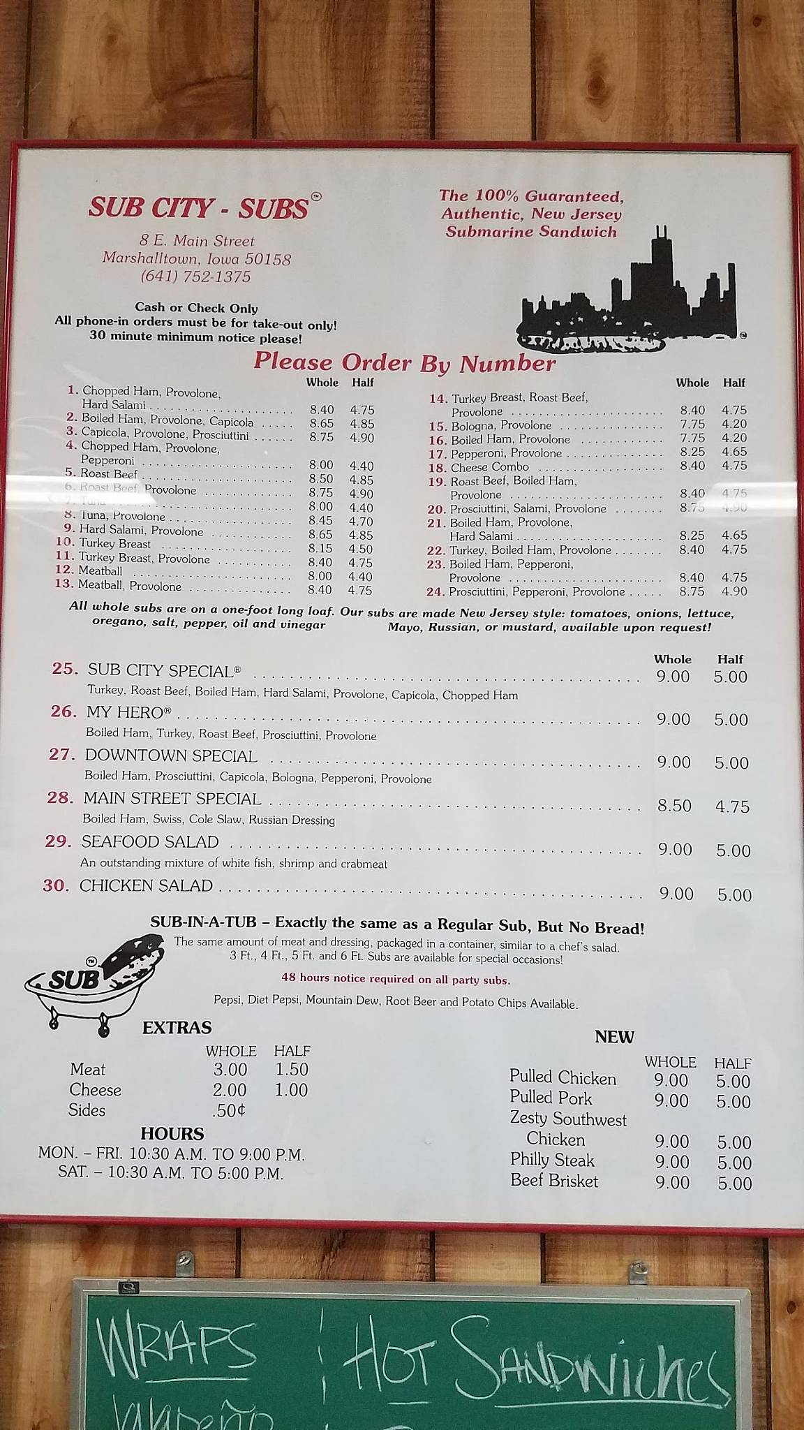 Menu at Sub City restaurant, Marshalltown