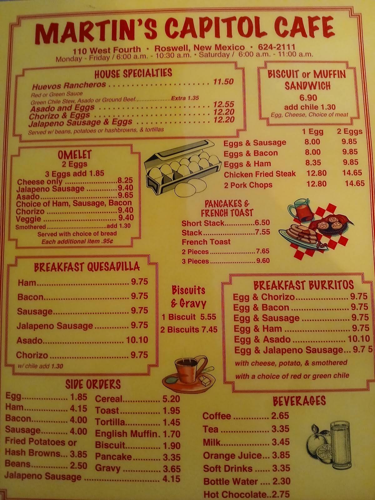 Menu at Martin's Capitol Cafe, Roswell