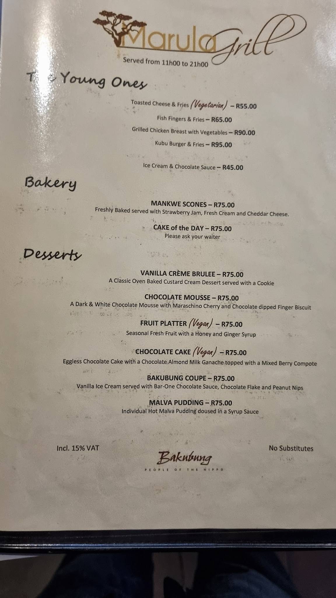 Menu at Marula Grill Restaurant, Pilanesberg National Park