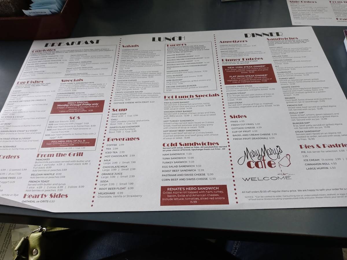 Menu at Mary Mary's Cafe, Spanaway