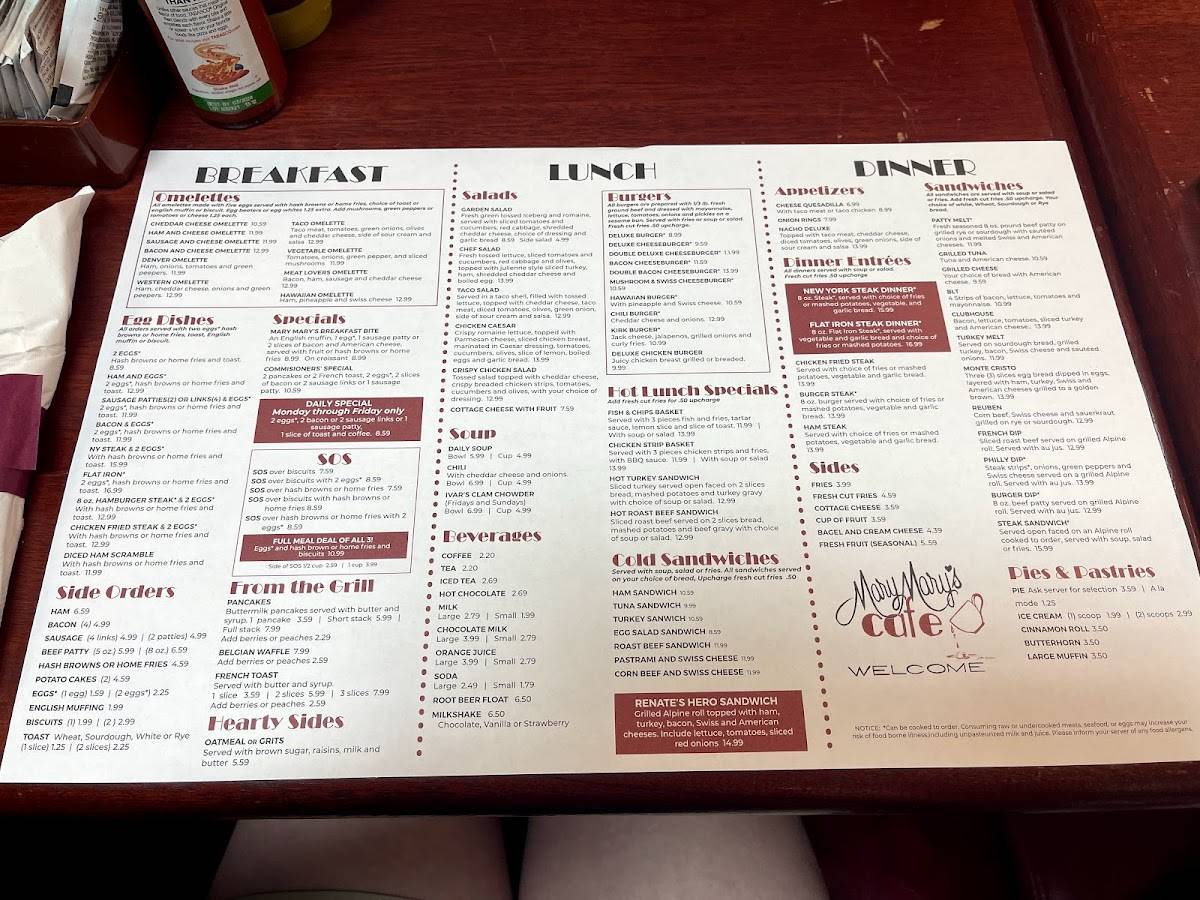 Menu at Mary Mary's Cafe, Spanaway