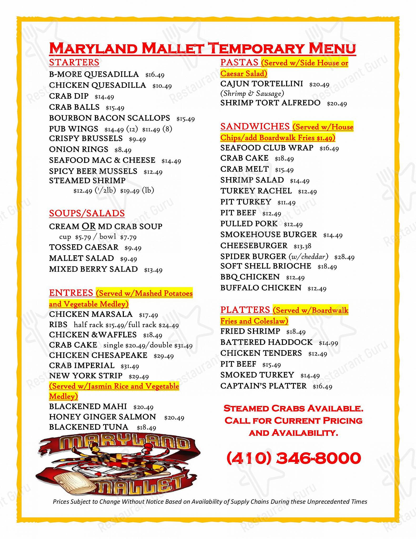 Menu at Maryland Mallet Restaurant & Smokehouse Pub, Westminster