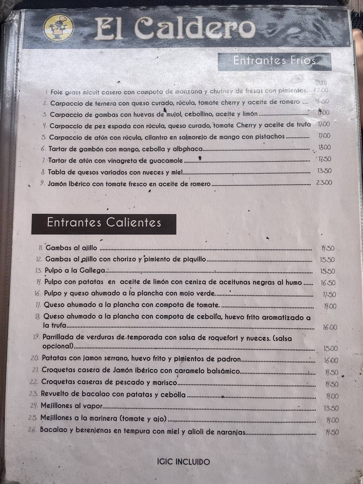 Carta de Restaurante El Caldero, Maspalomas