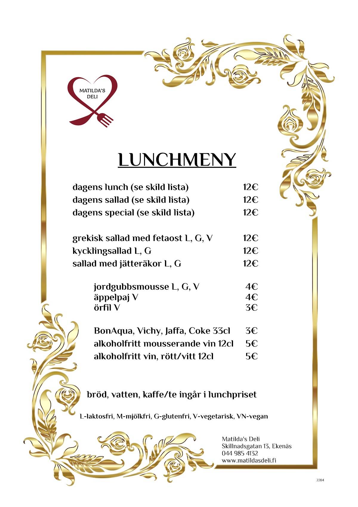 Menu at Matilda's Deli restaurant, Ekenäs