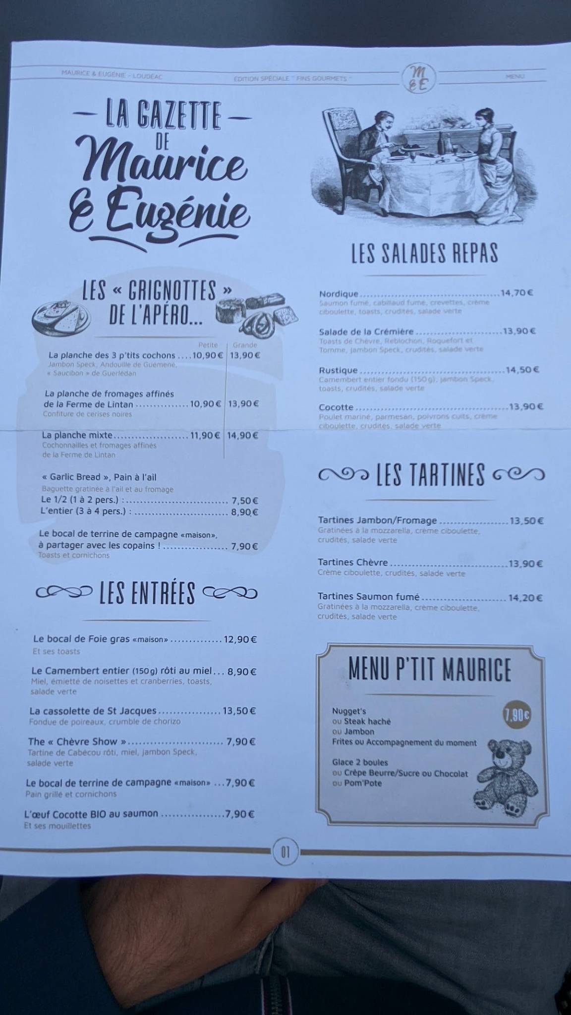Menu au Maurice & Eugenie restaurant, Loudéac