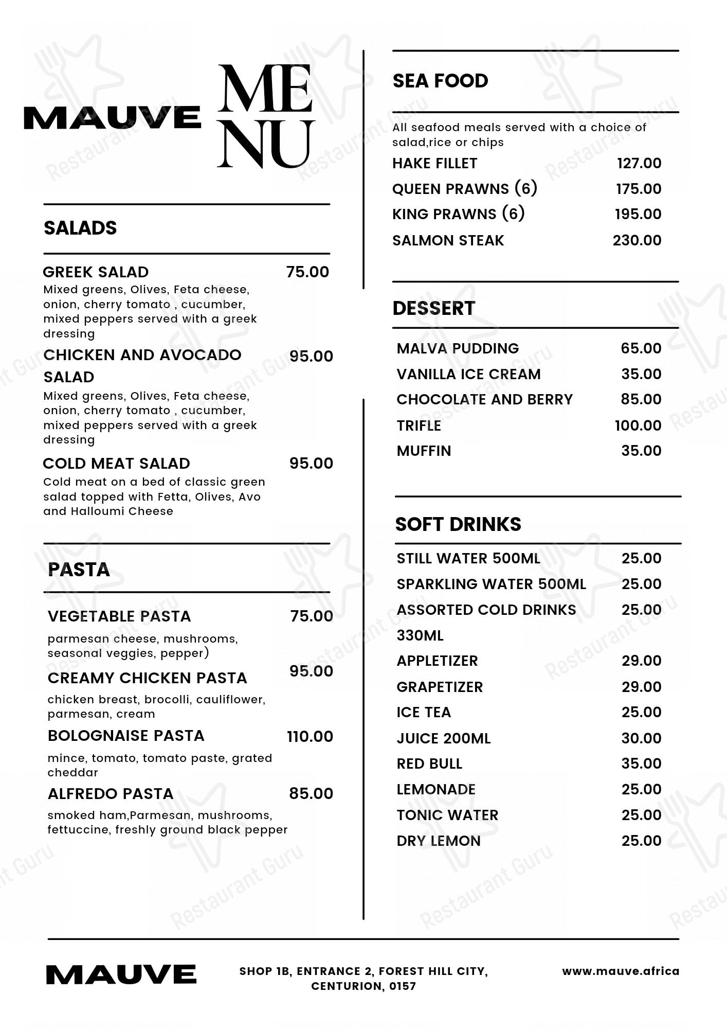 Menu at Mauve Restaurant & Champagne bar, Centurion