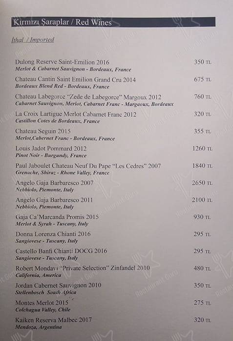 Menu at Mavi Balik, Istanbul