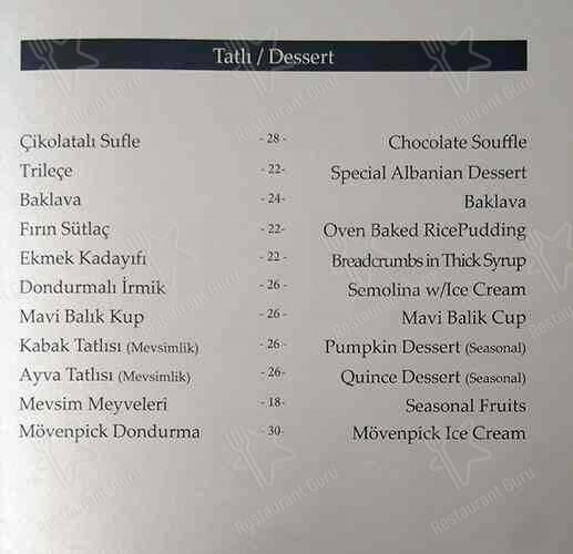 Menu at Mavi Balik, Istanbul
