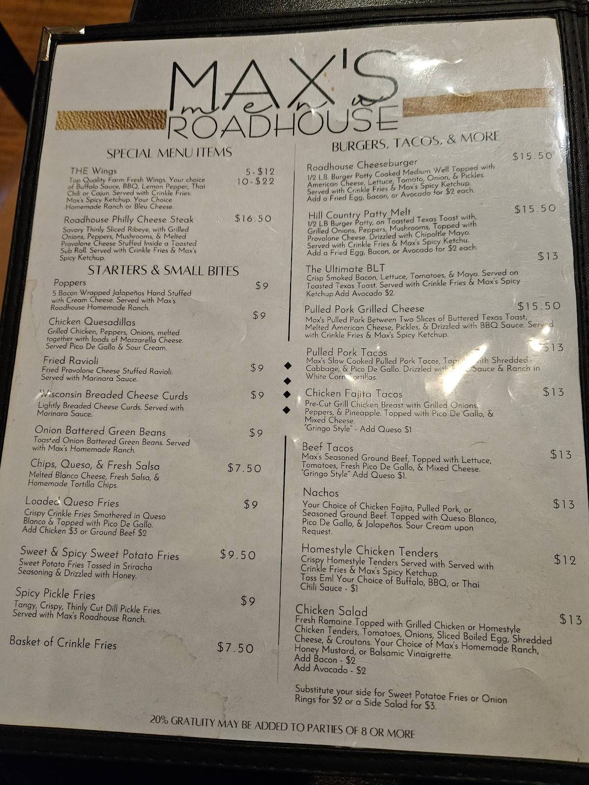 Menu at Max's Roadhouse pub & bar, Spring Branch