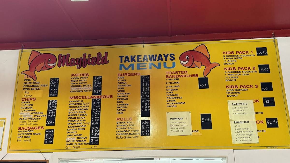 Menu at Mayfield Takeaways restaurant, Blenheim