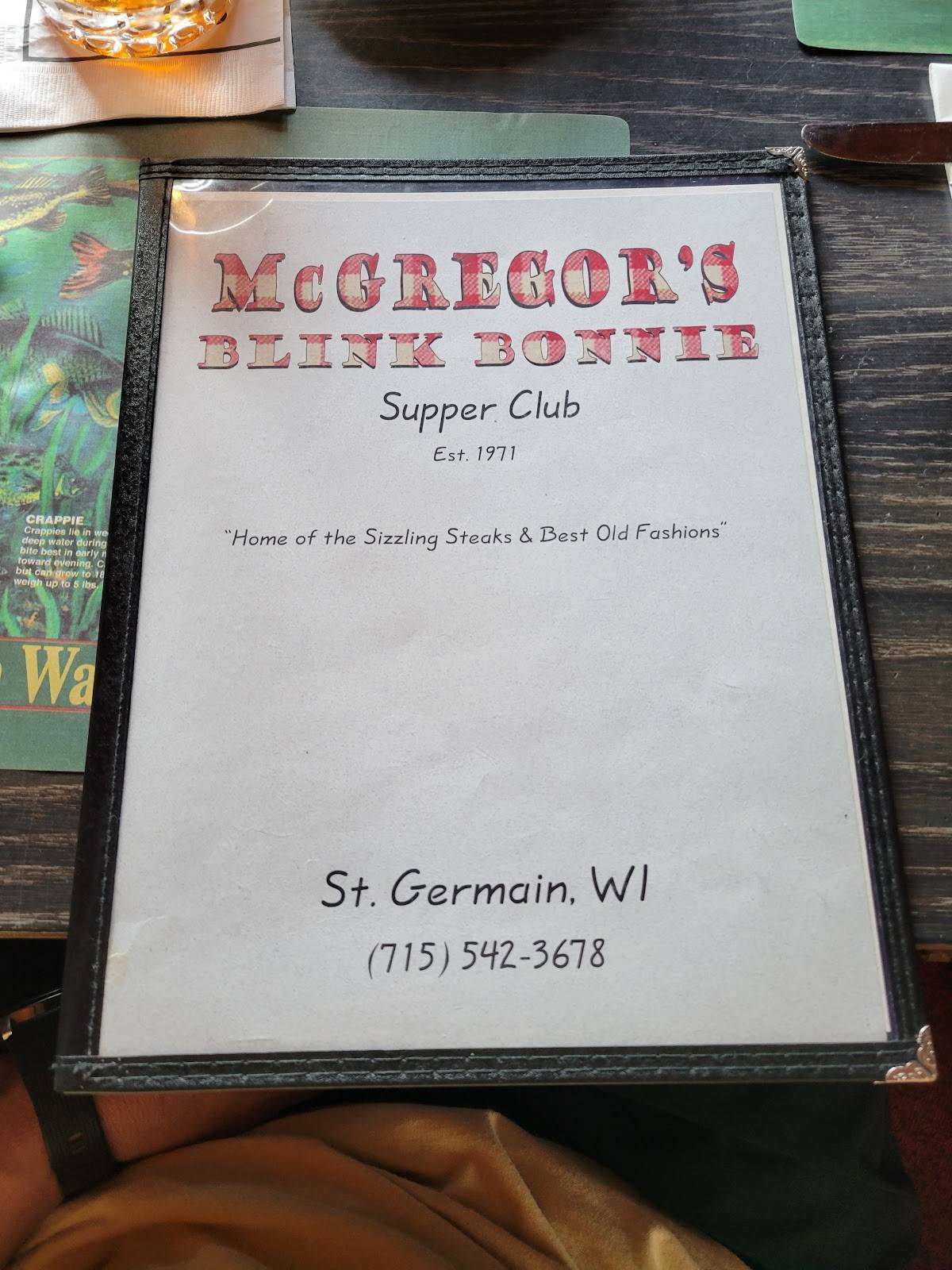 Menu at McGregor's Blink Bonnie Supper Club, USA