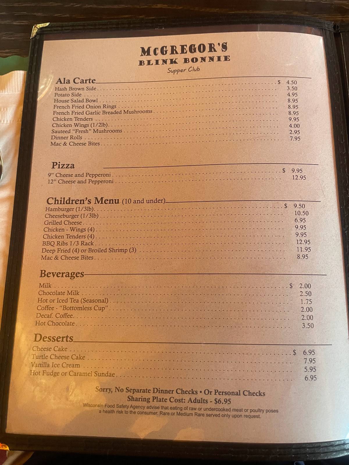 Menu at McGregor's Blink Bonnie Supper Club, USA