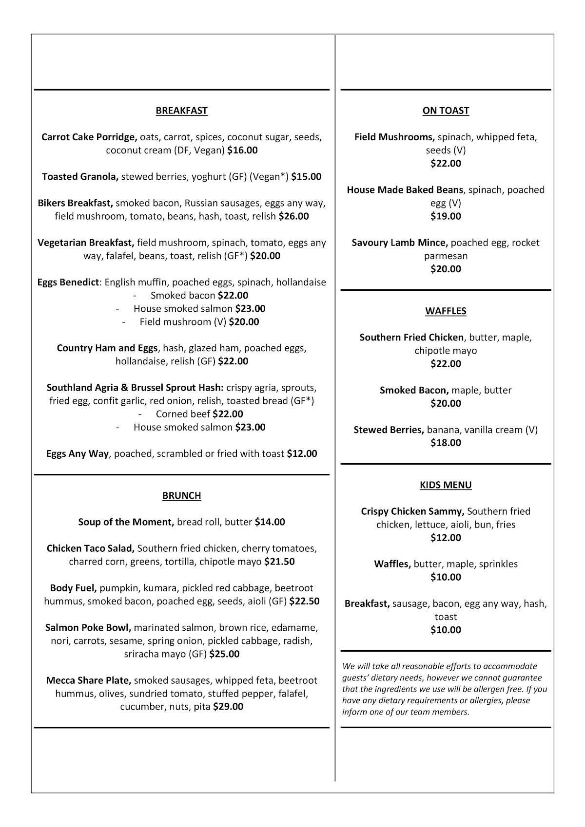 Menu at Meccaspresso restaurant, Invercargill