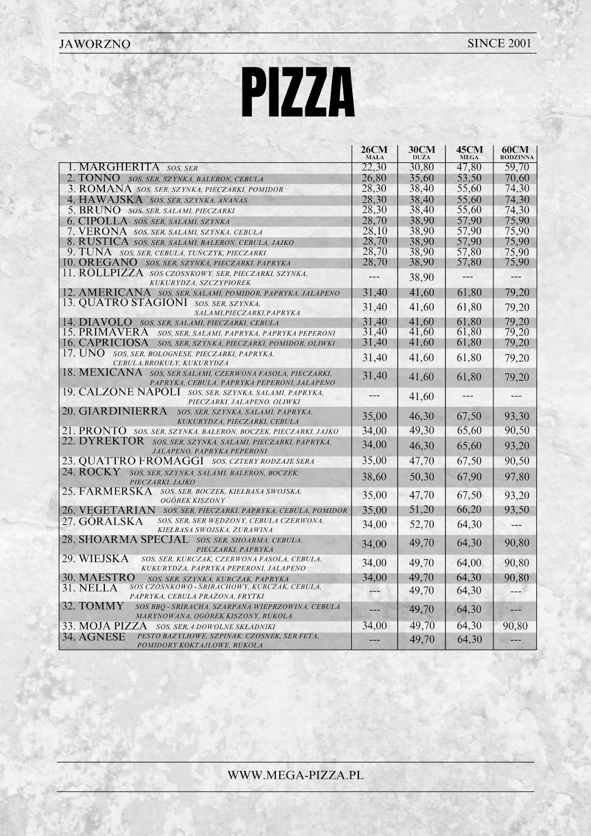 Menu at Mega Pizza restaurant, Jaworzno, Stanisława Staszica 17