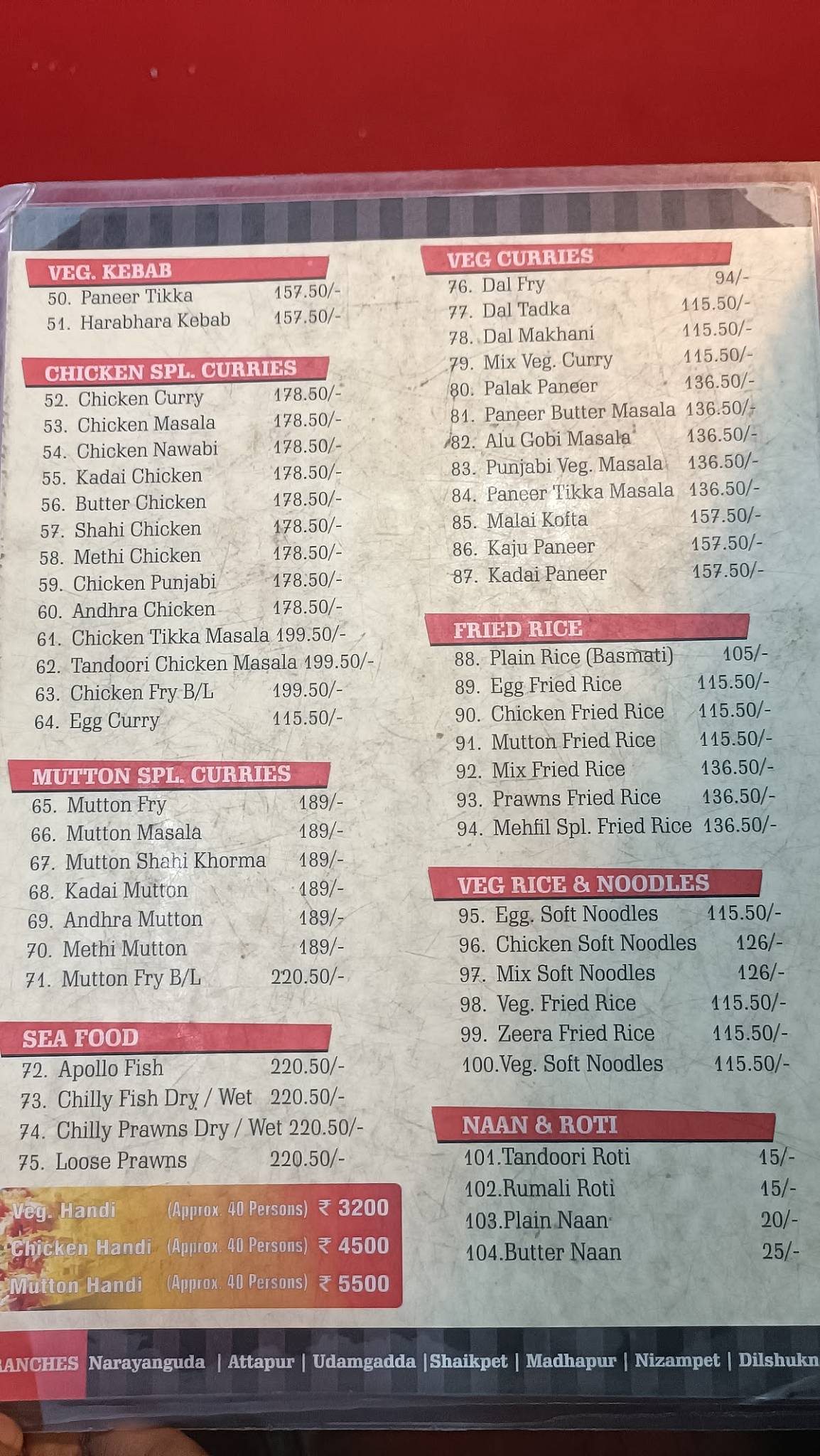 Menu at Mehfil TakeAway, Hyderabad, 3rd floor