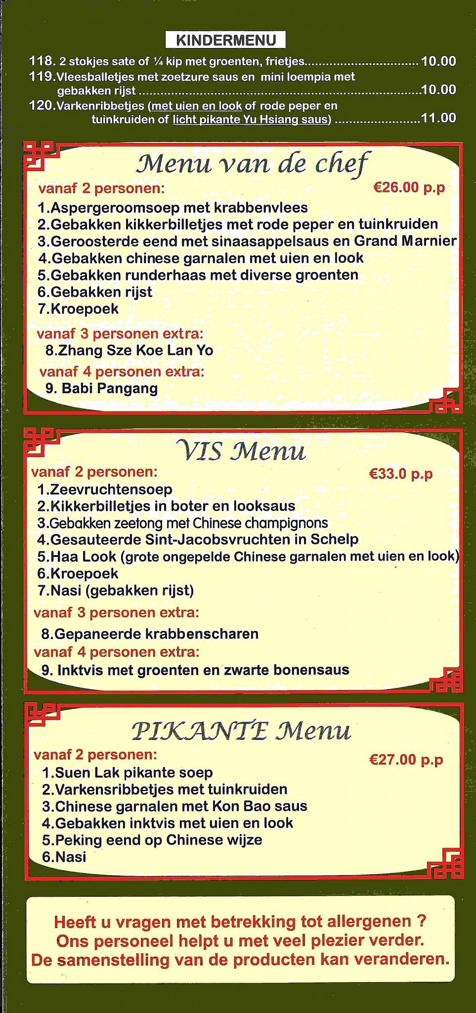 Menu at Mei Lin, Torhout