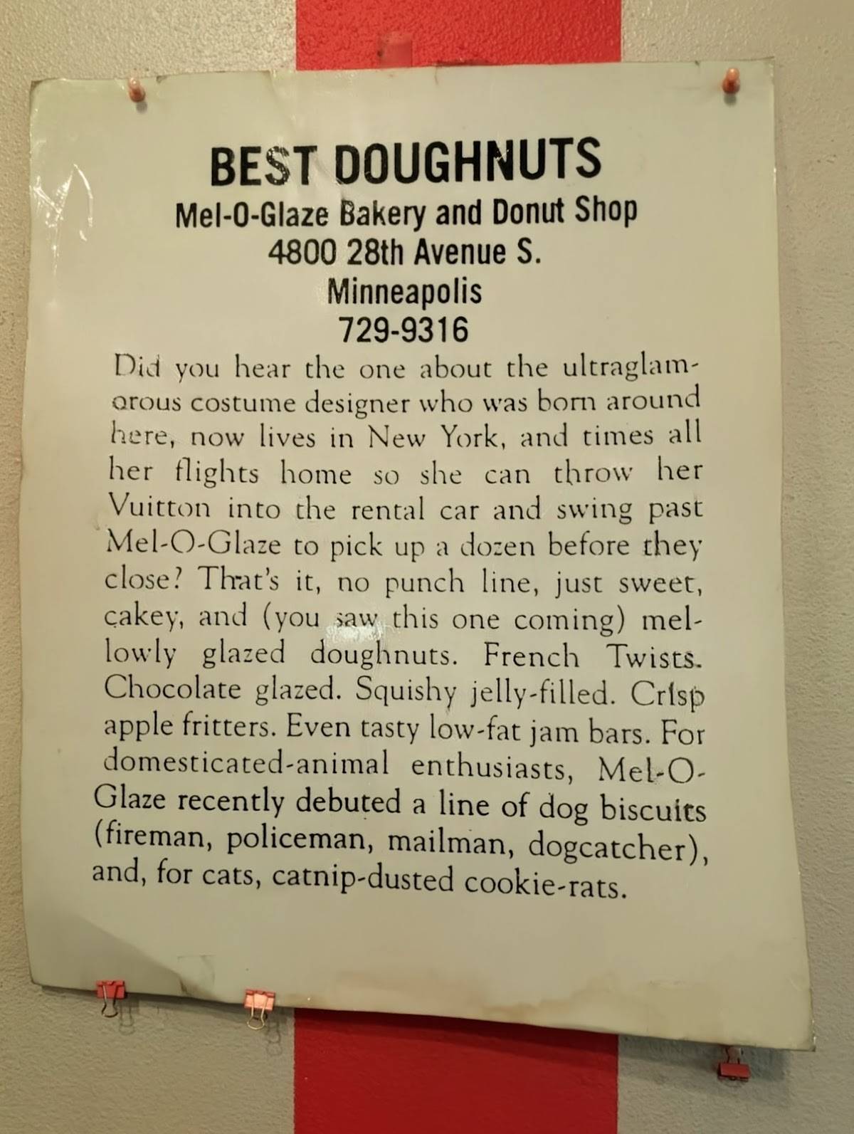 Menu at Mel-O-Glaze Bakery, Minneapolis