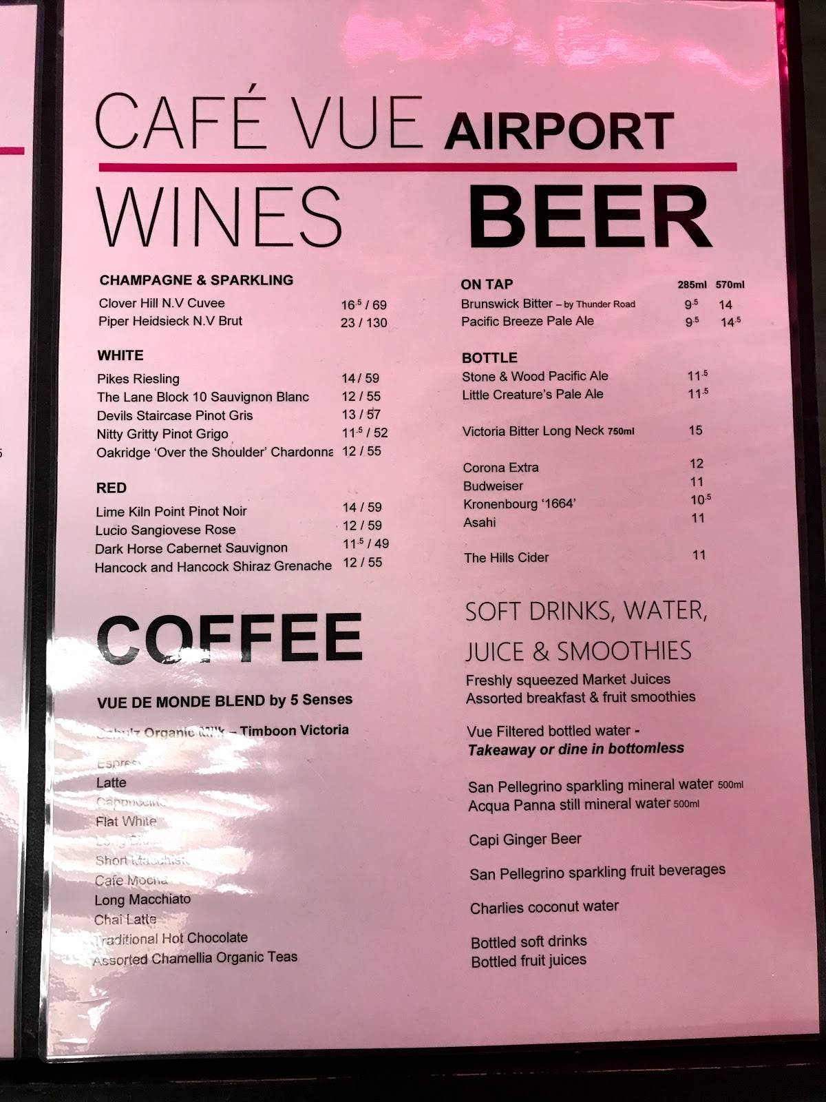Menu at Cafe Sol, Melbourne Airport