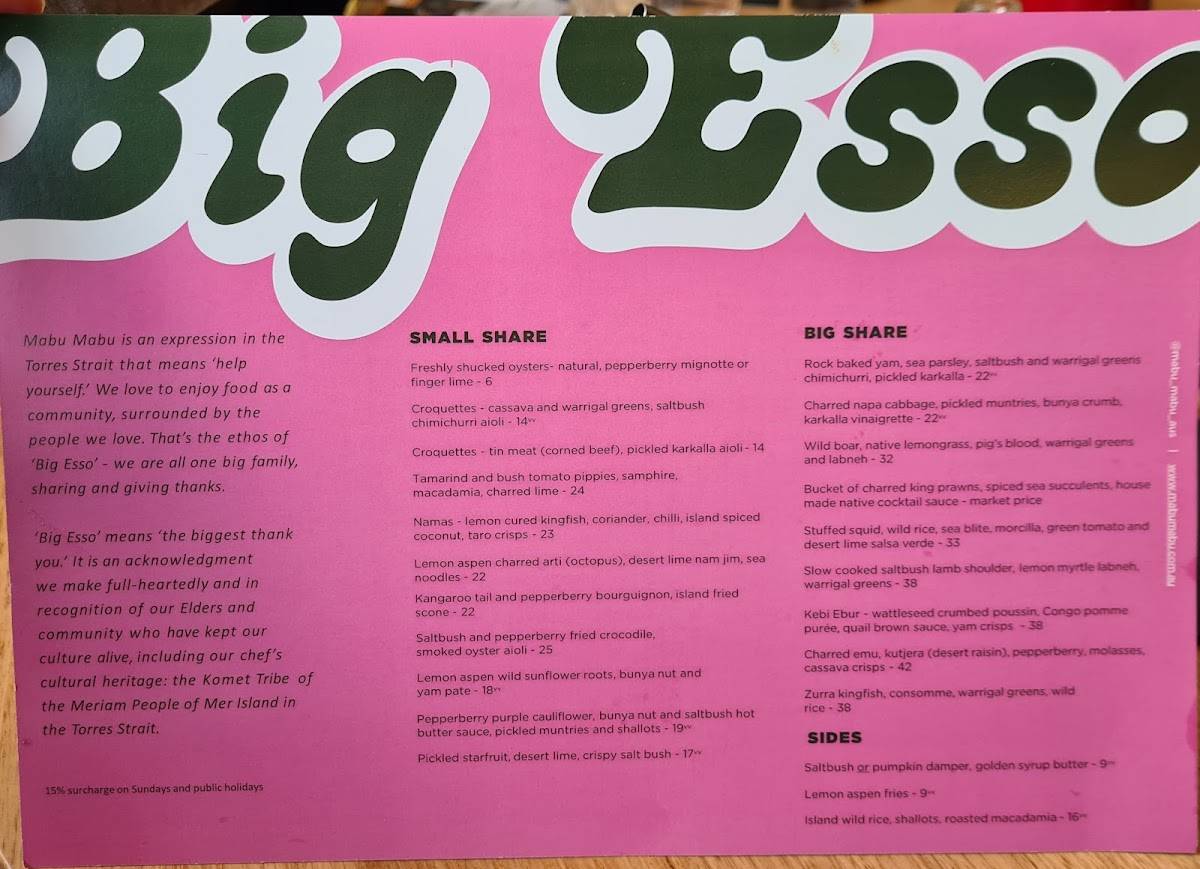 Menu at Big Esso restaurant, Melbourne