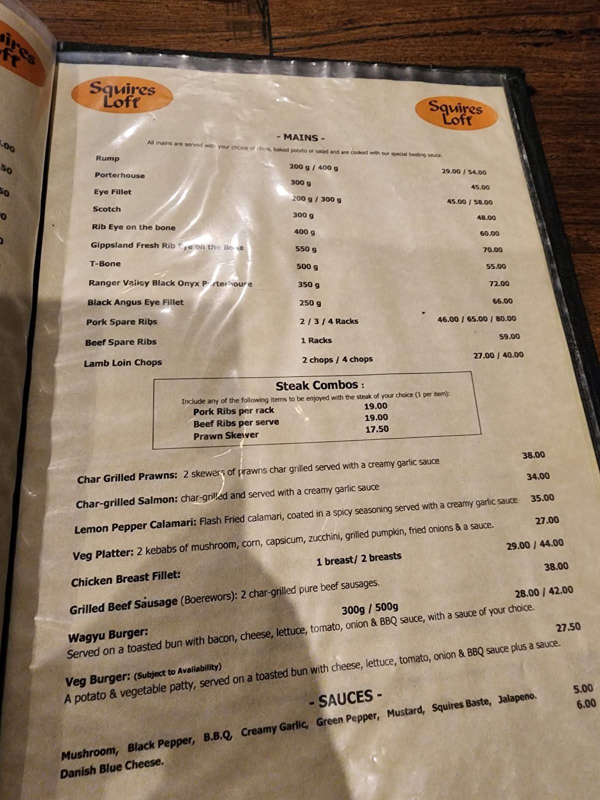 Menu at Squires Loft Docklands steakhouse, Docklands, 818 Bourke St