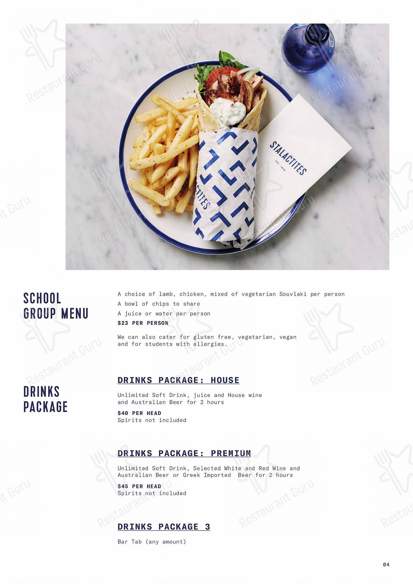 Menu at Stalactites Restaurant, Melbourne