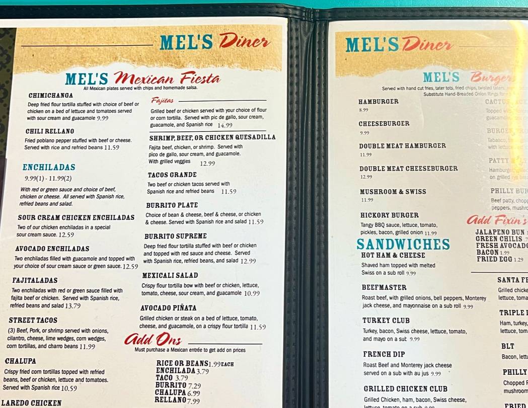 Menu at Mel's Diner cafe, Wheeler