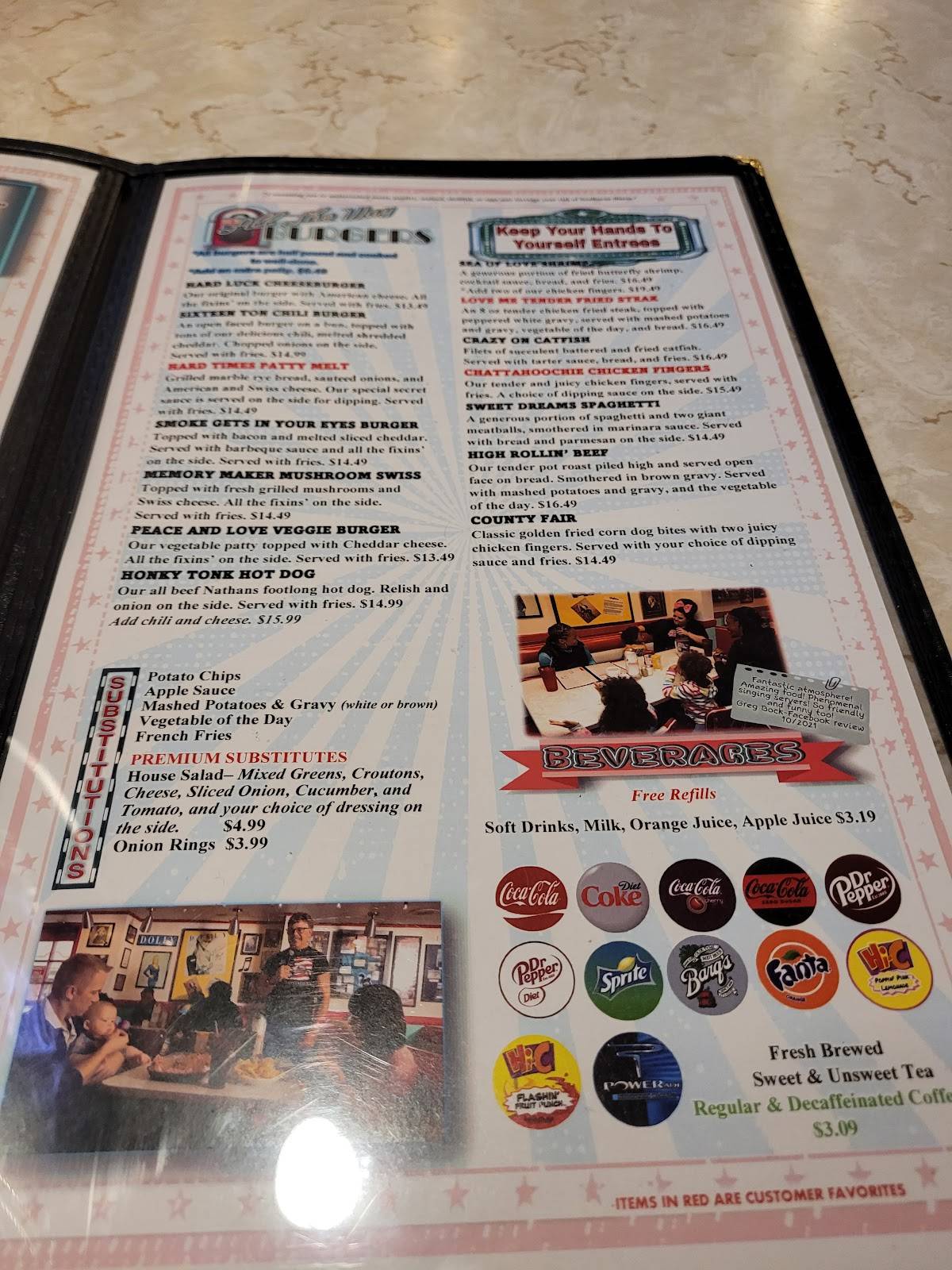 Menu at Mel's Hard Luck Diner restaurant, Branson, West Highway