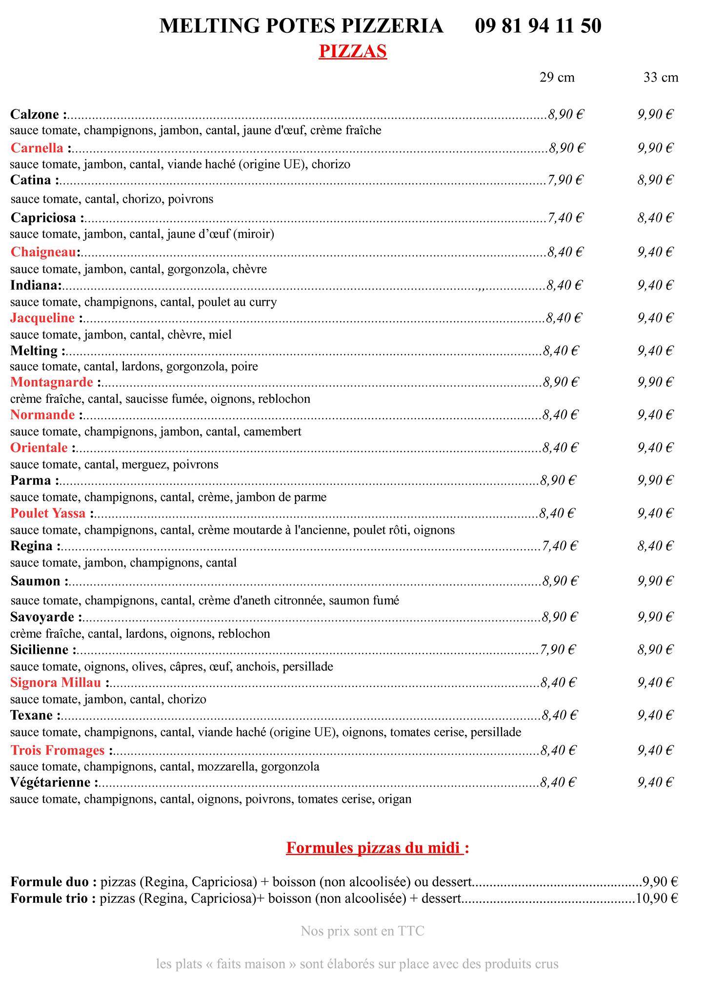 Menu au Melting Simple pizzeria, Lorient