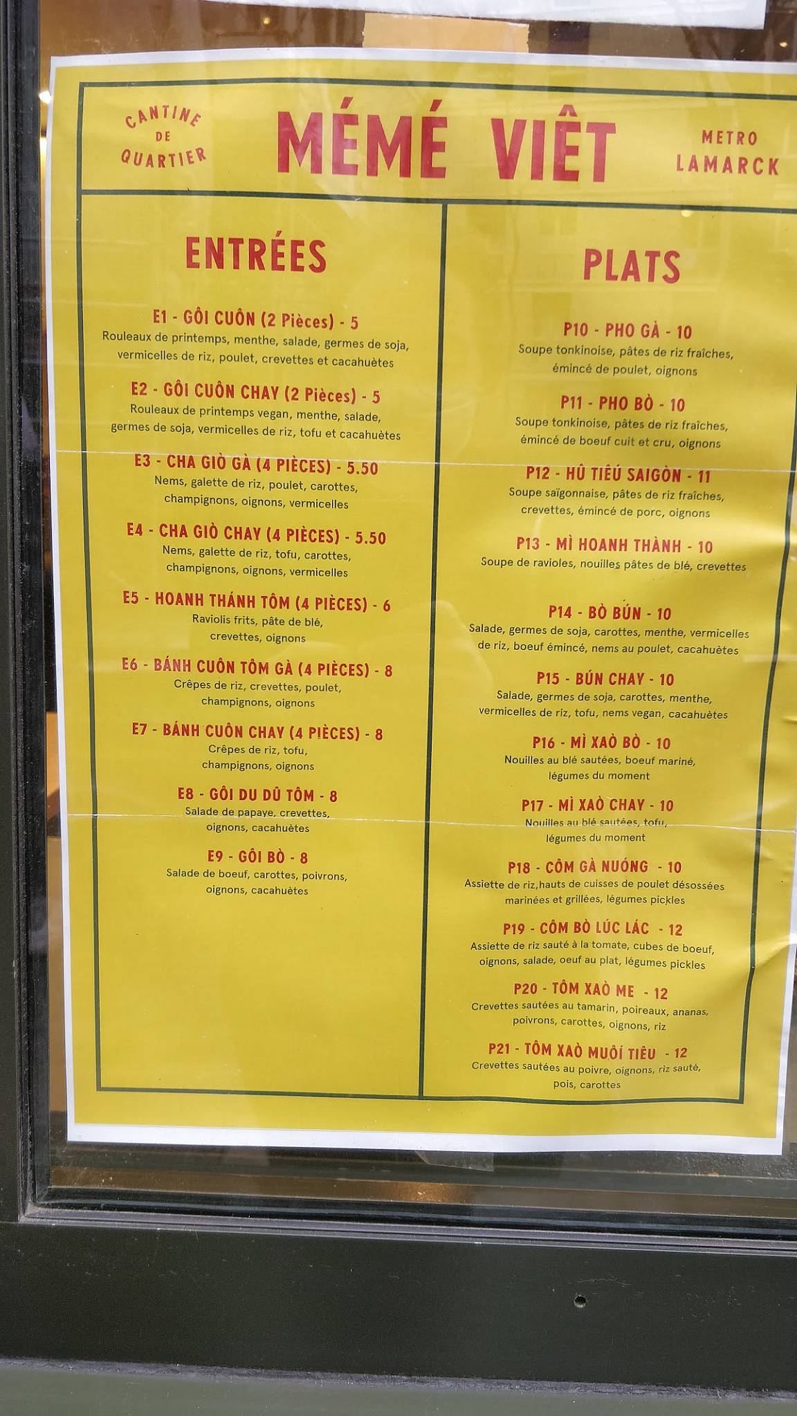 Menu au Mémé Viet restaurant, Paris
