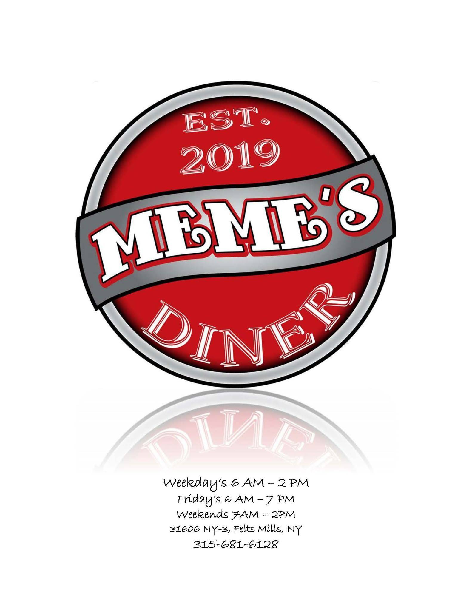 Menu at Meme's Diner restaurant, Felts Mills