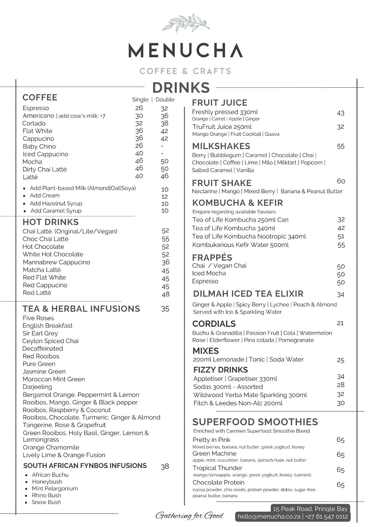 Menu at Menucha Coffee and Crafts restaurant, Pringle Bay