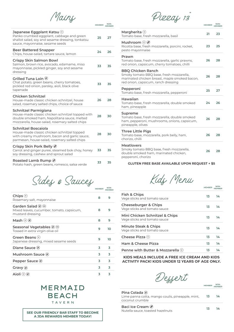 Menu at Mermaid Beach Tavern restaurant, Mermaid Beach