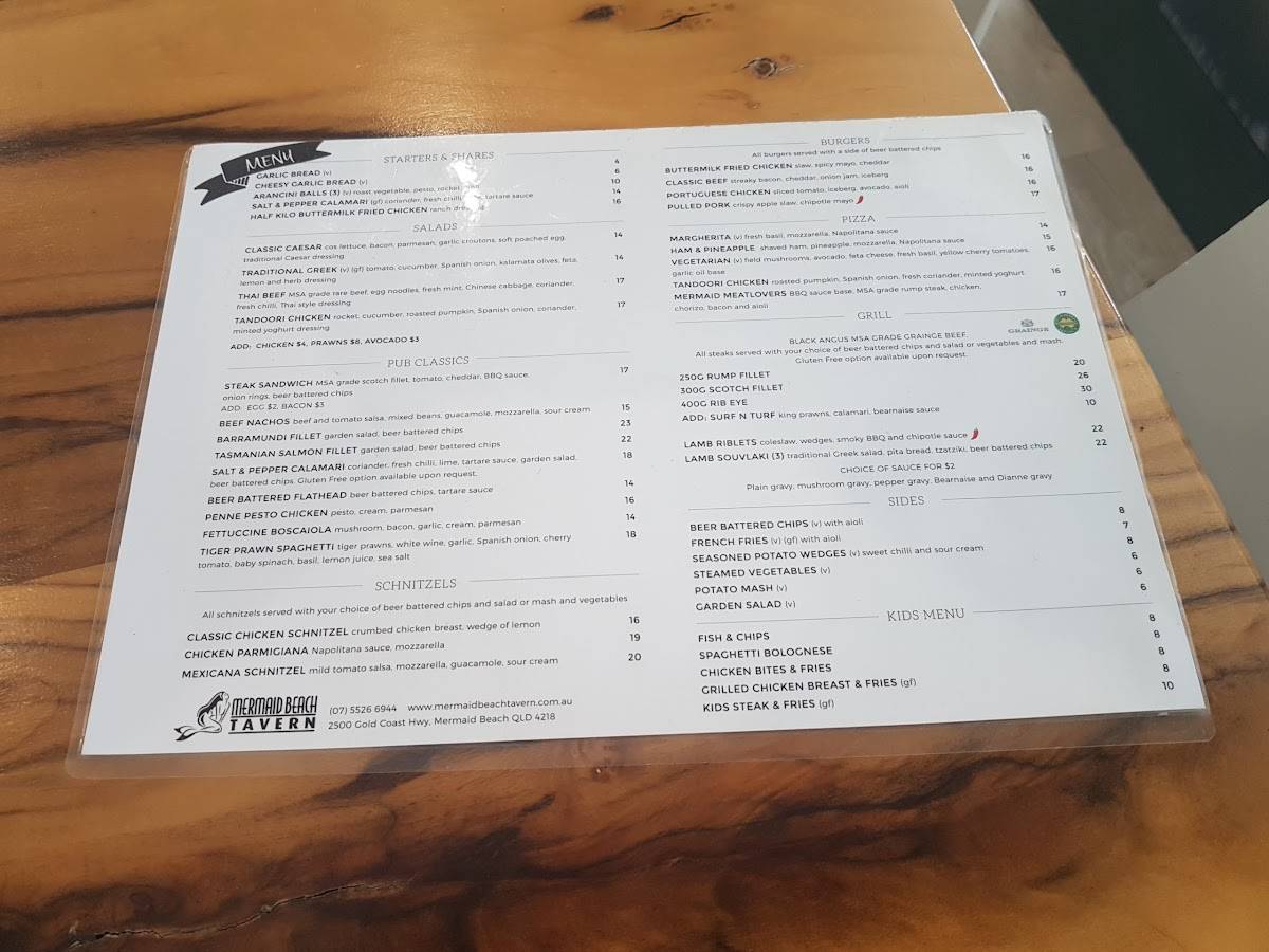 Menu at Mermaid Beach Tavern restaurant, Mermaid Beach