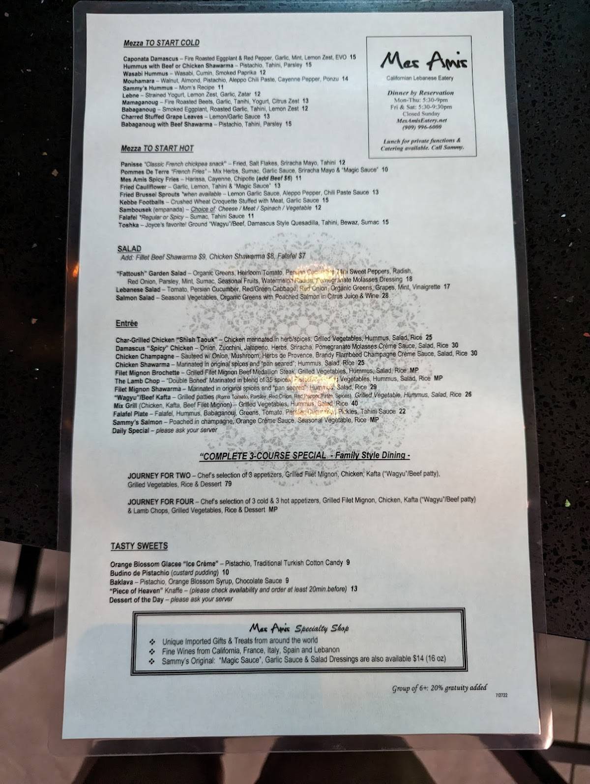 Menu at Mes Amis Eatery restaurant, Chino Hills, Chino Hills Pkwy #905