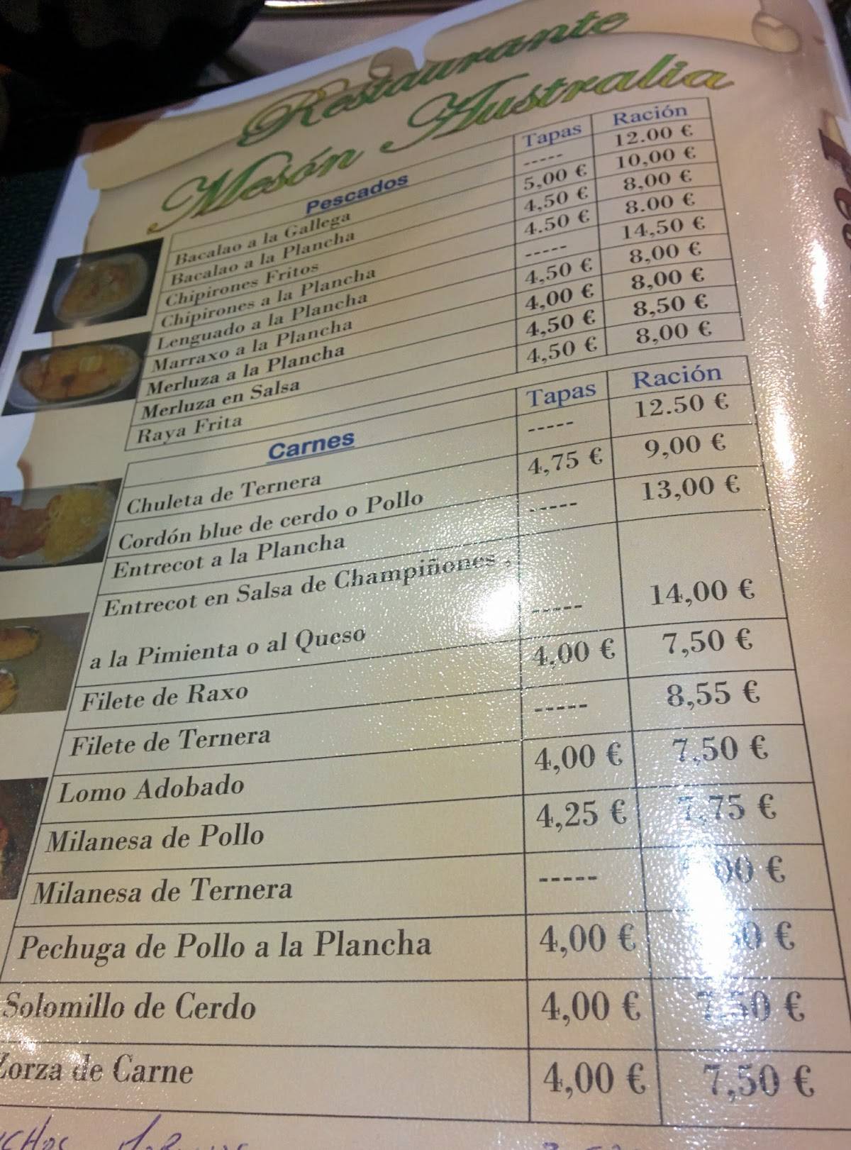 Carta del restaurante Mesón Australia, Cariño