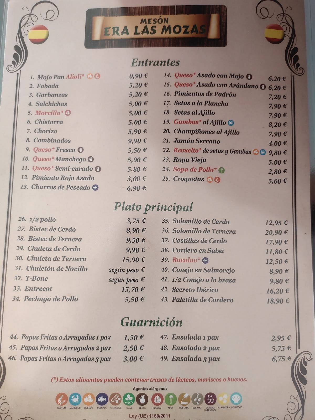 Carta del restaurante Mesón Era Las Mozas, Valle del San Lorenzo