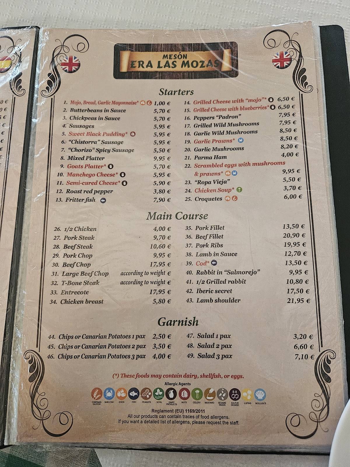 Carta del restaurante Mesón Era Las Mozas, Valle del San Lorenzo