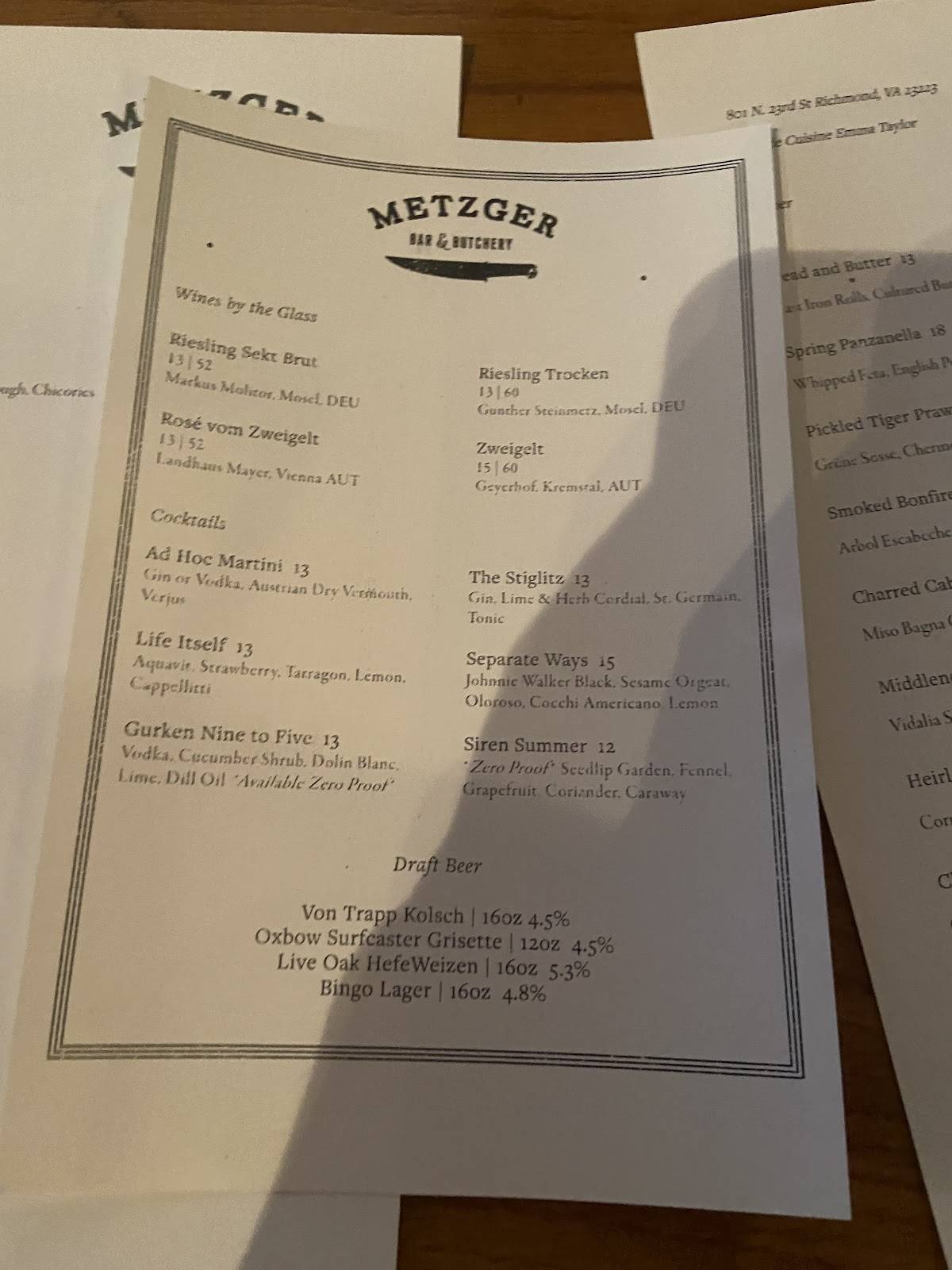 Carta de Metzger Bar and Butchery, Richmond