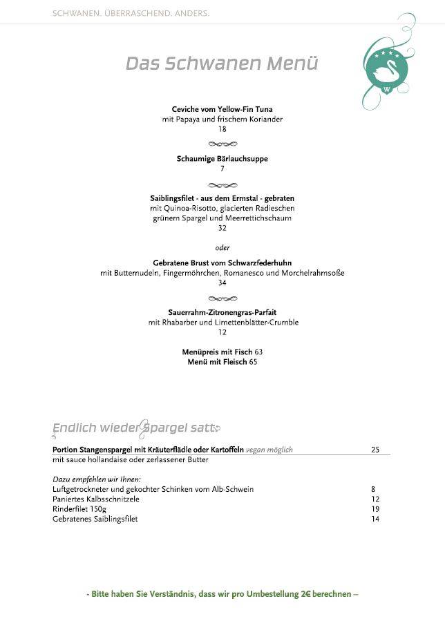 Speisekarte von Hotel Schwanen in Metzingen restaurant, Metzingen