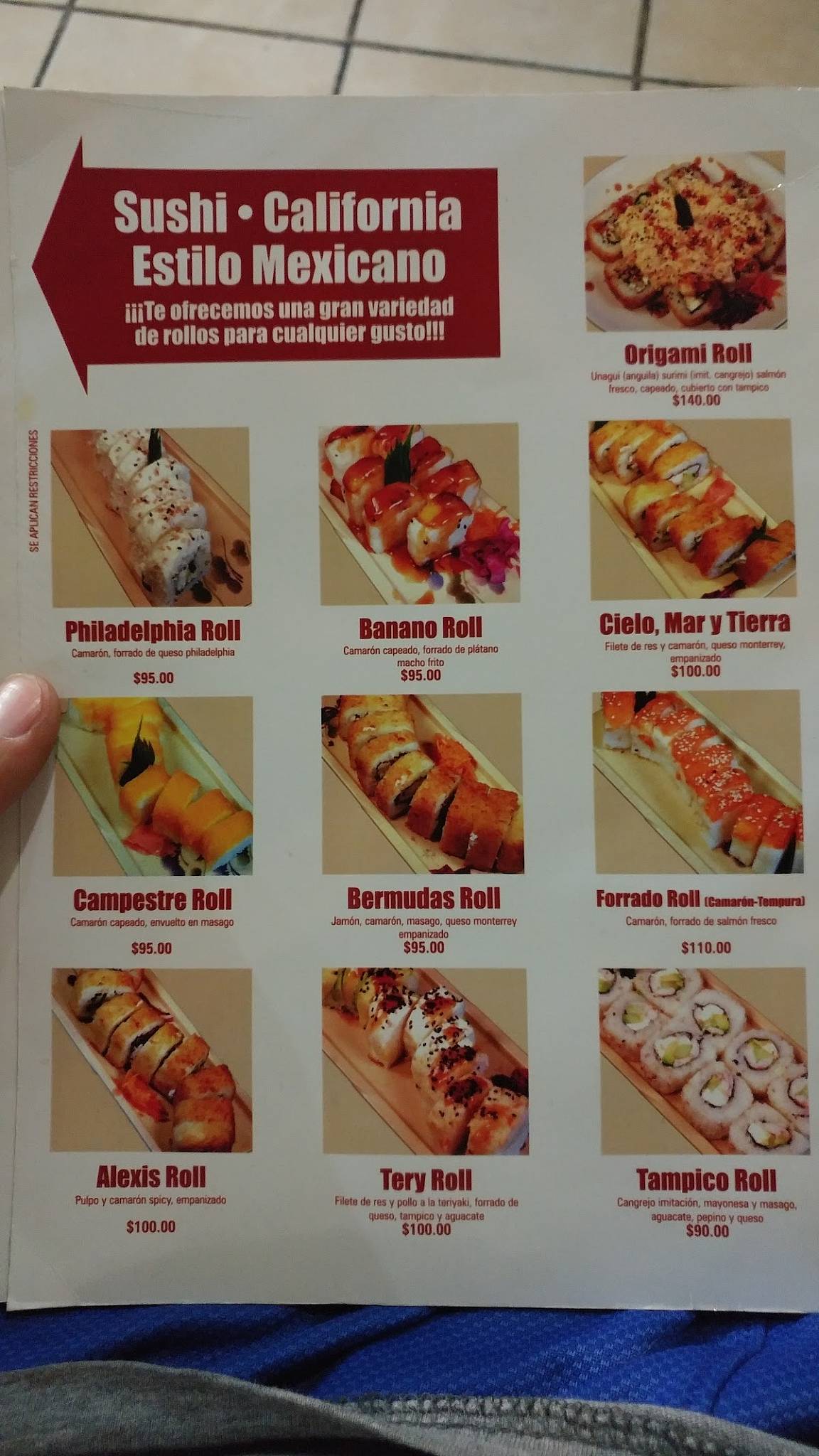 Menu at Origami Express restaurant, Mexicali, Calz Anáhuac 1464
