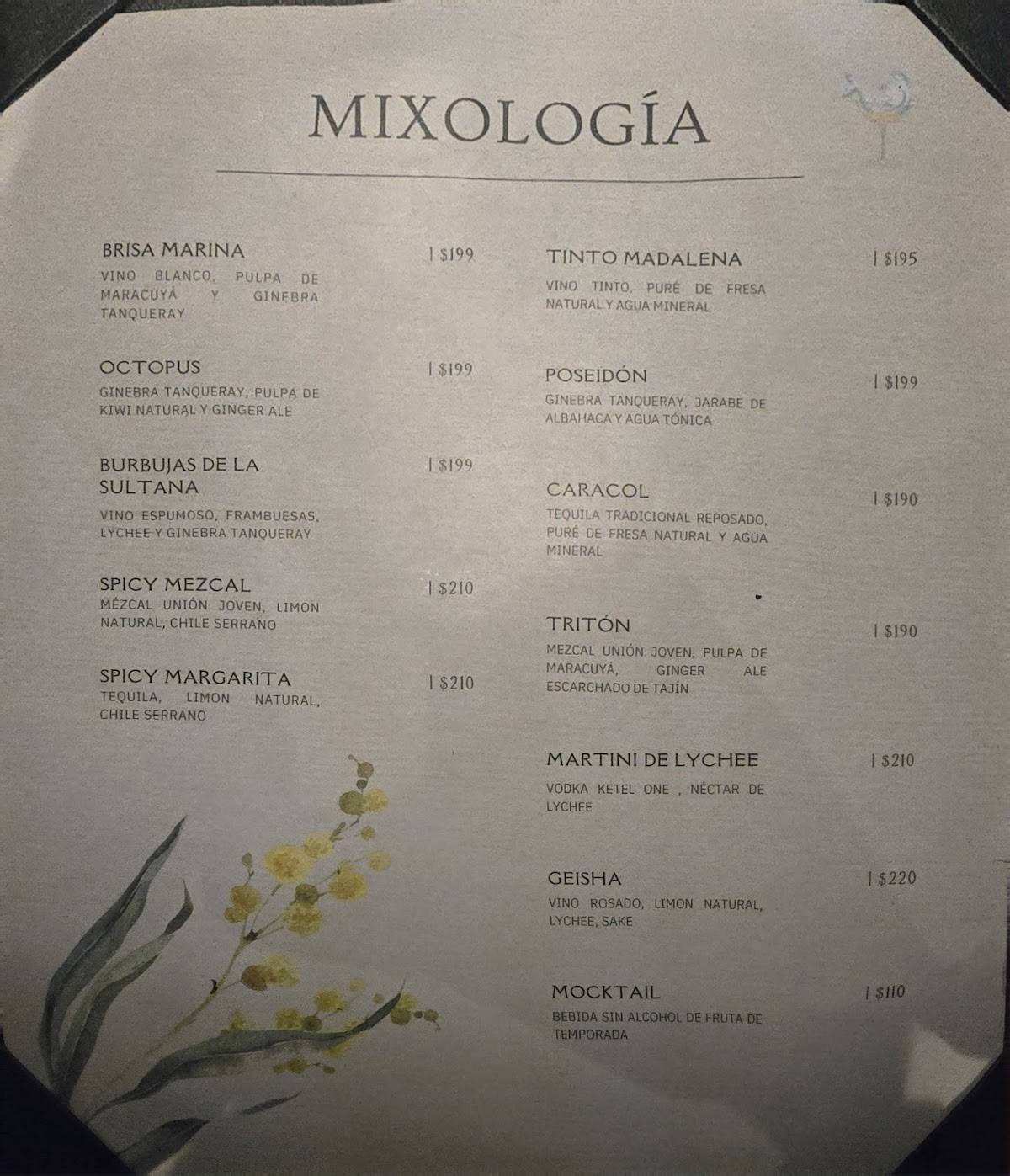 Menu at Beluga restaurant, Mexico City, Av. Pdte. Masaryk 120