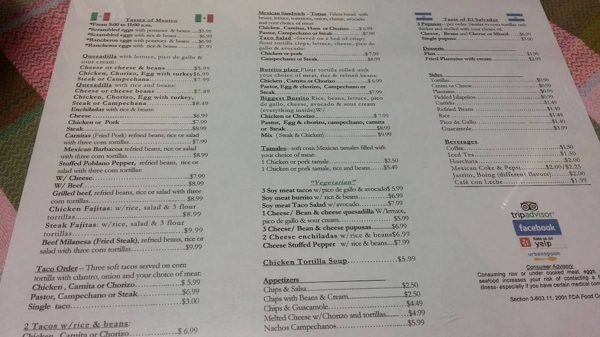 Menu at Mi Carnal Restaurant, St. Augustine